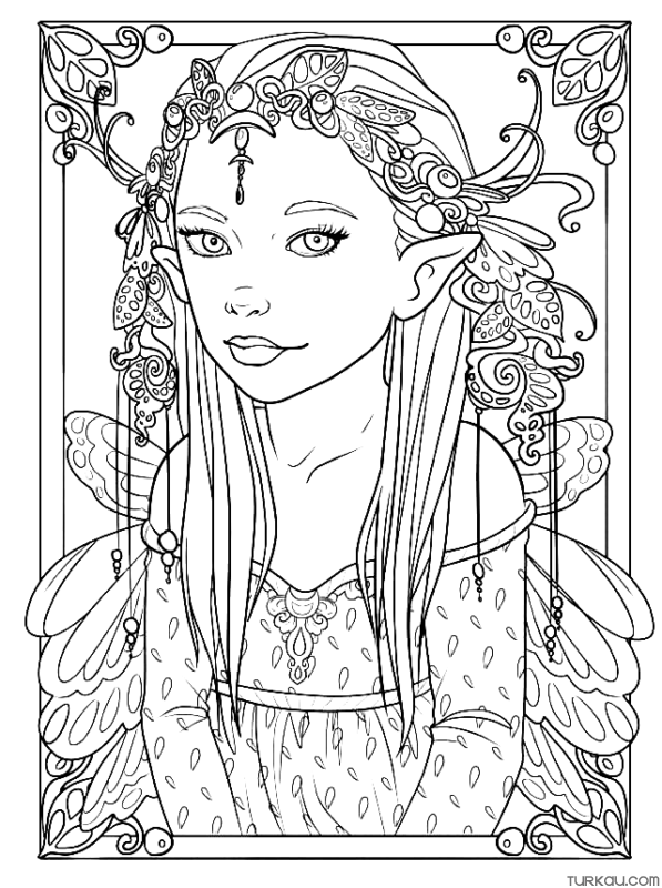 Female Elf Portrait Coloring Page » Turkau
